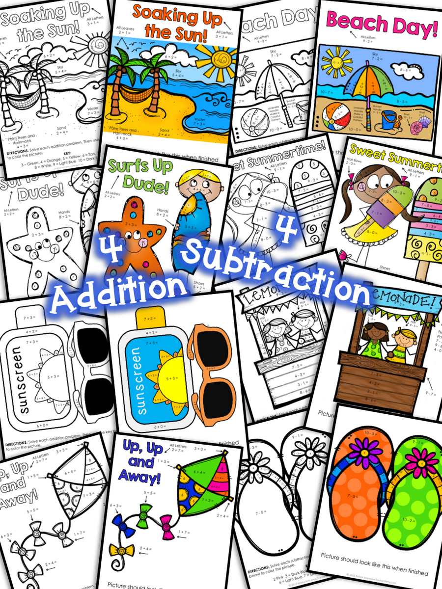 Summer Color by Number Addition and Subtraction to 10 – Teacher Gems