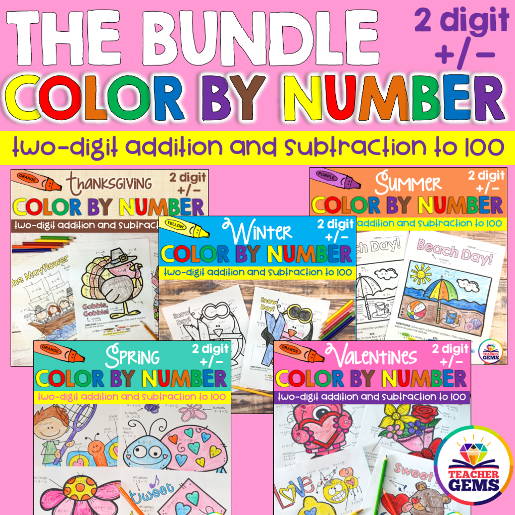 Color by Number Two-Digit Addition and Subtraction to 100 Bundle ...