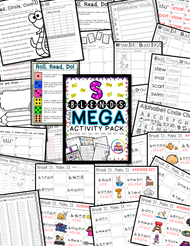 S Blends MEGA Activity Pack - sc, sk, sm, sn, sp, st, sw – Teacher Gems