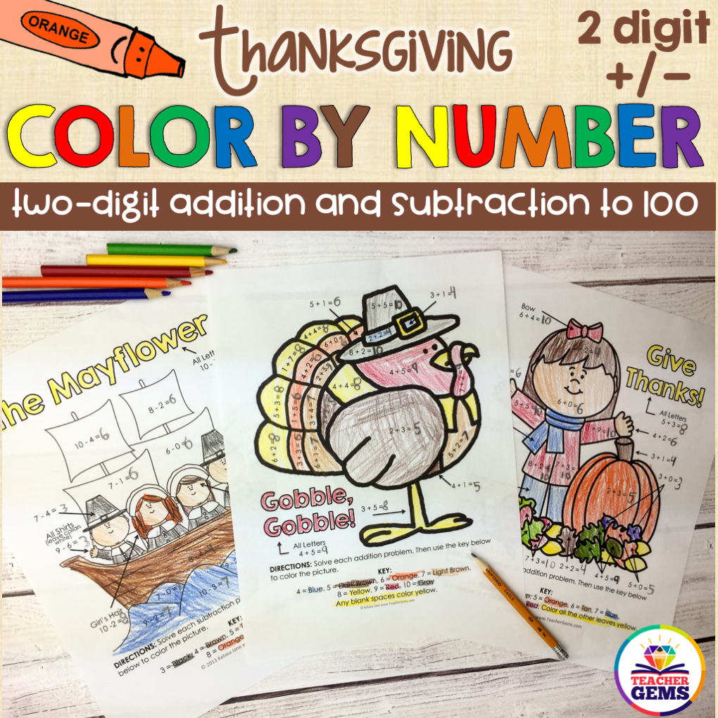 Thanksgiving Color by Number Two-Digit Addition and Subtraction to 100 ...