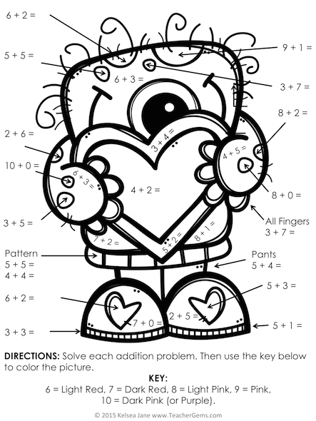 Valentine's Color by Number Addition and Subtraction to 10 – Teacher Gems