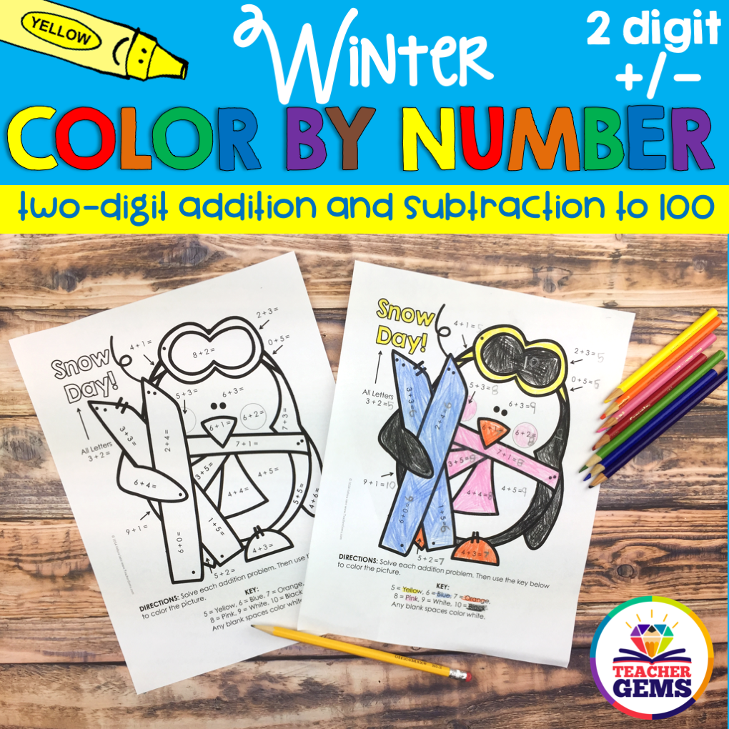 Winter Color by Number Two-Digit Addition and Subtraction to 100 ...