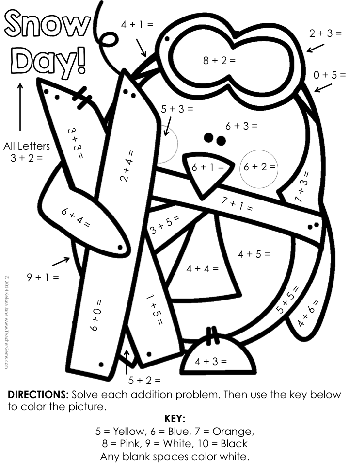 addition and subtraction coloring worksheets for kindergarten