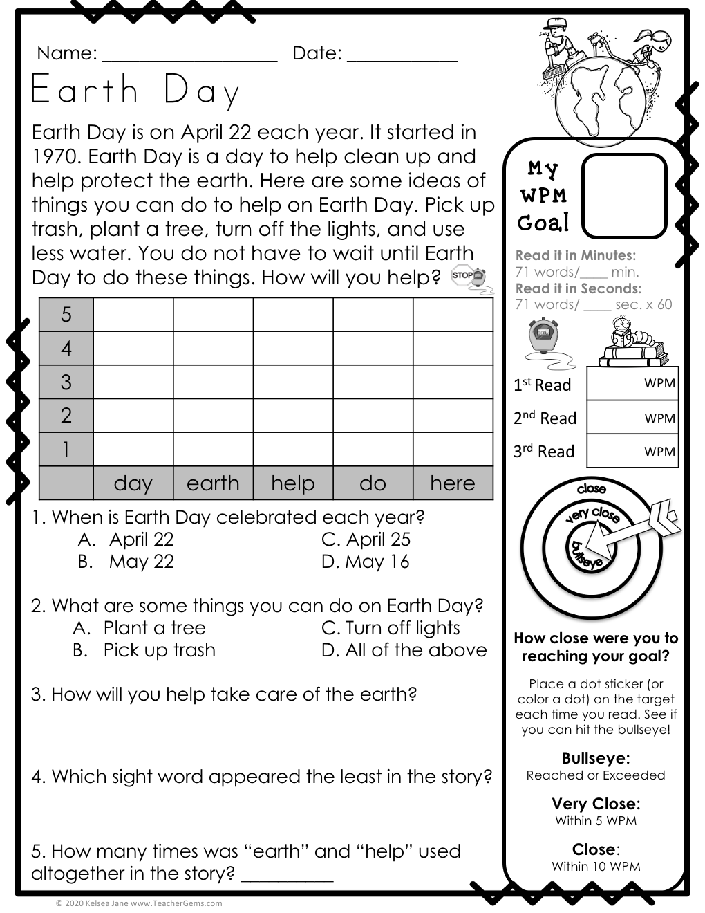Earth Day Reading Comprehension Worksheets Spring | Earth Day Reading