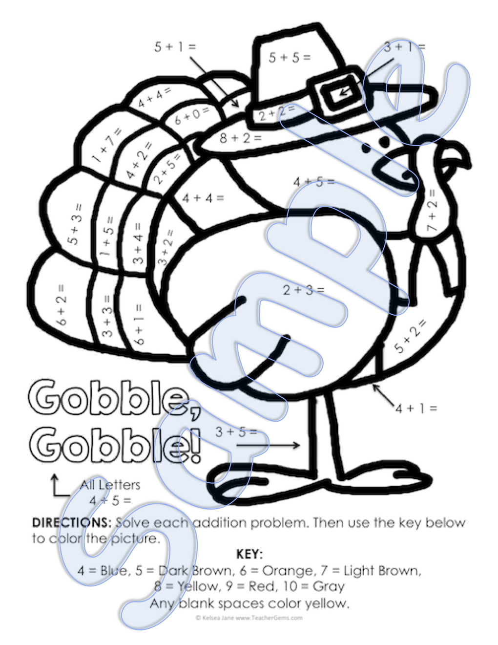 thanksgiving addition coloring sheet